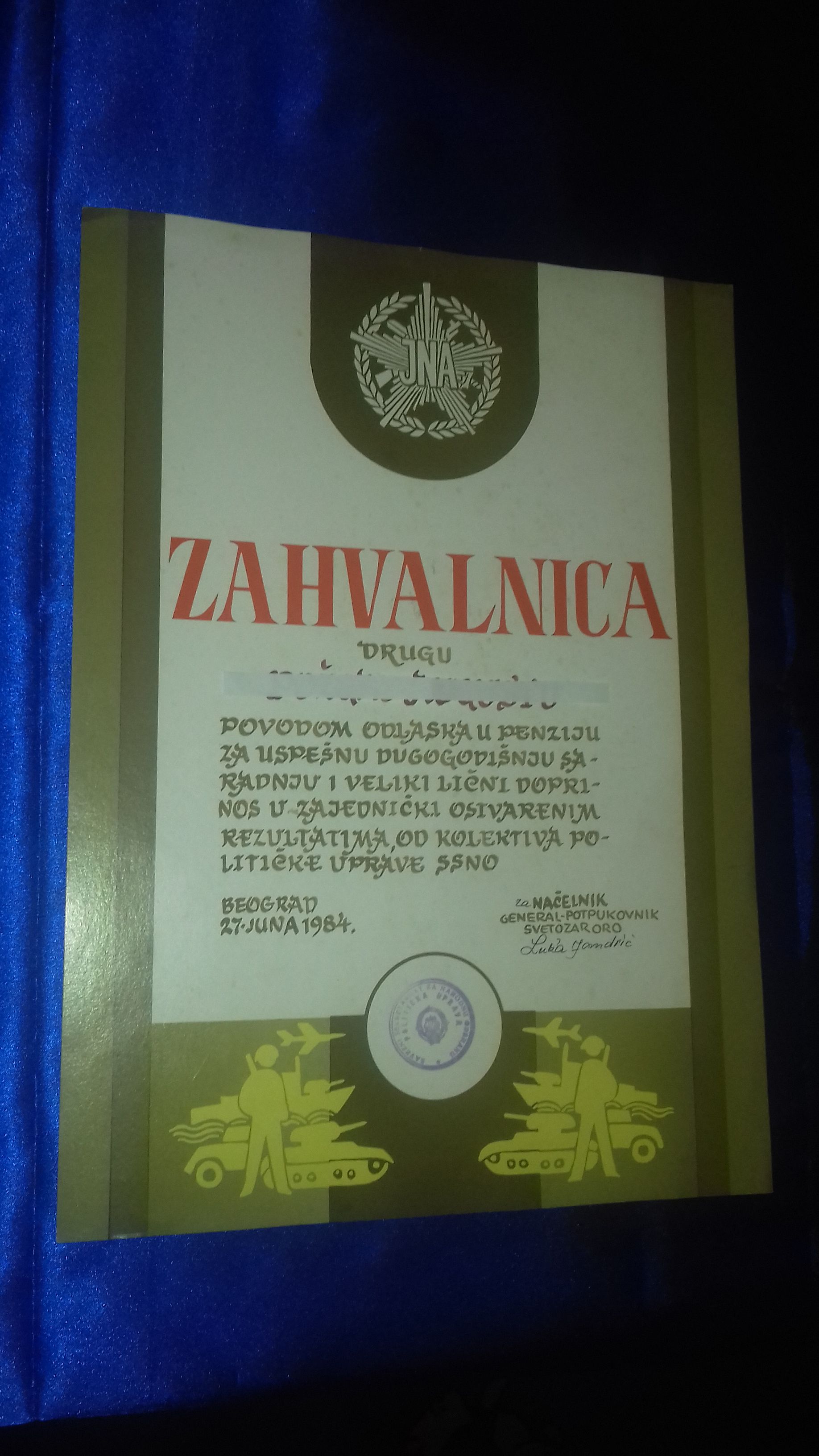 aukcije.hr - ZAHVALNICA JNA
