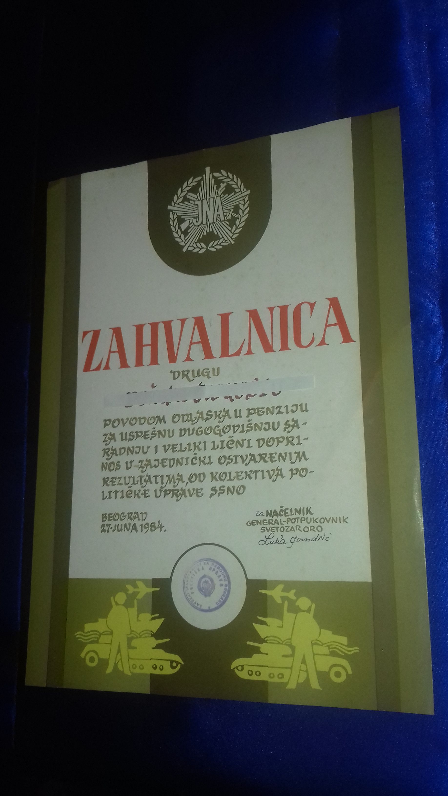 aukcije.hr - ZAHVALNICA JNA