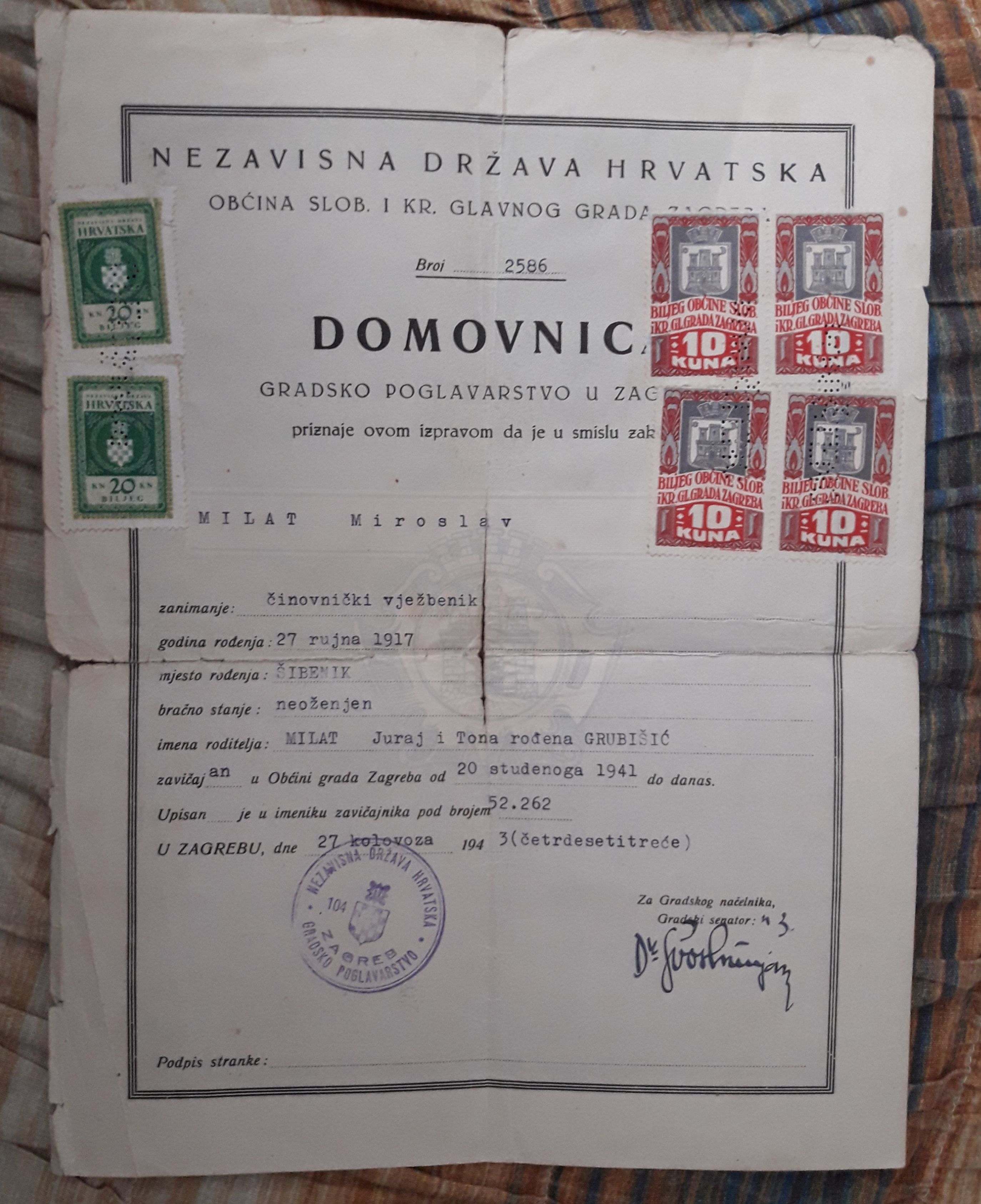 aukcije.hr - Domovnica NDH ,1943 g.