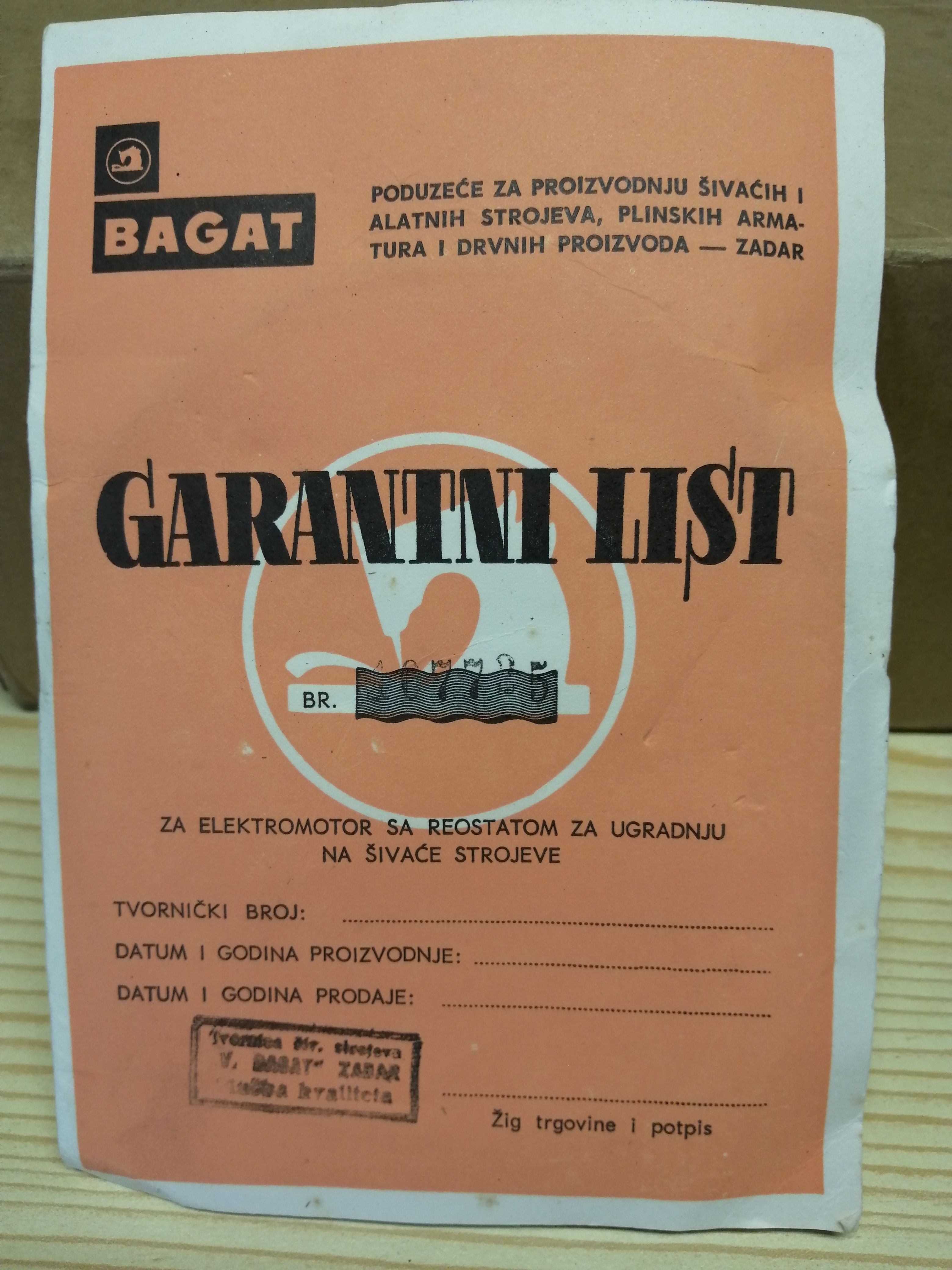 aukcije.hr - BAGAT ZADAR - stari garantni list, šivača mašina stroj ...