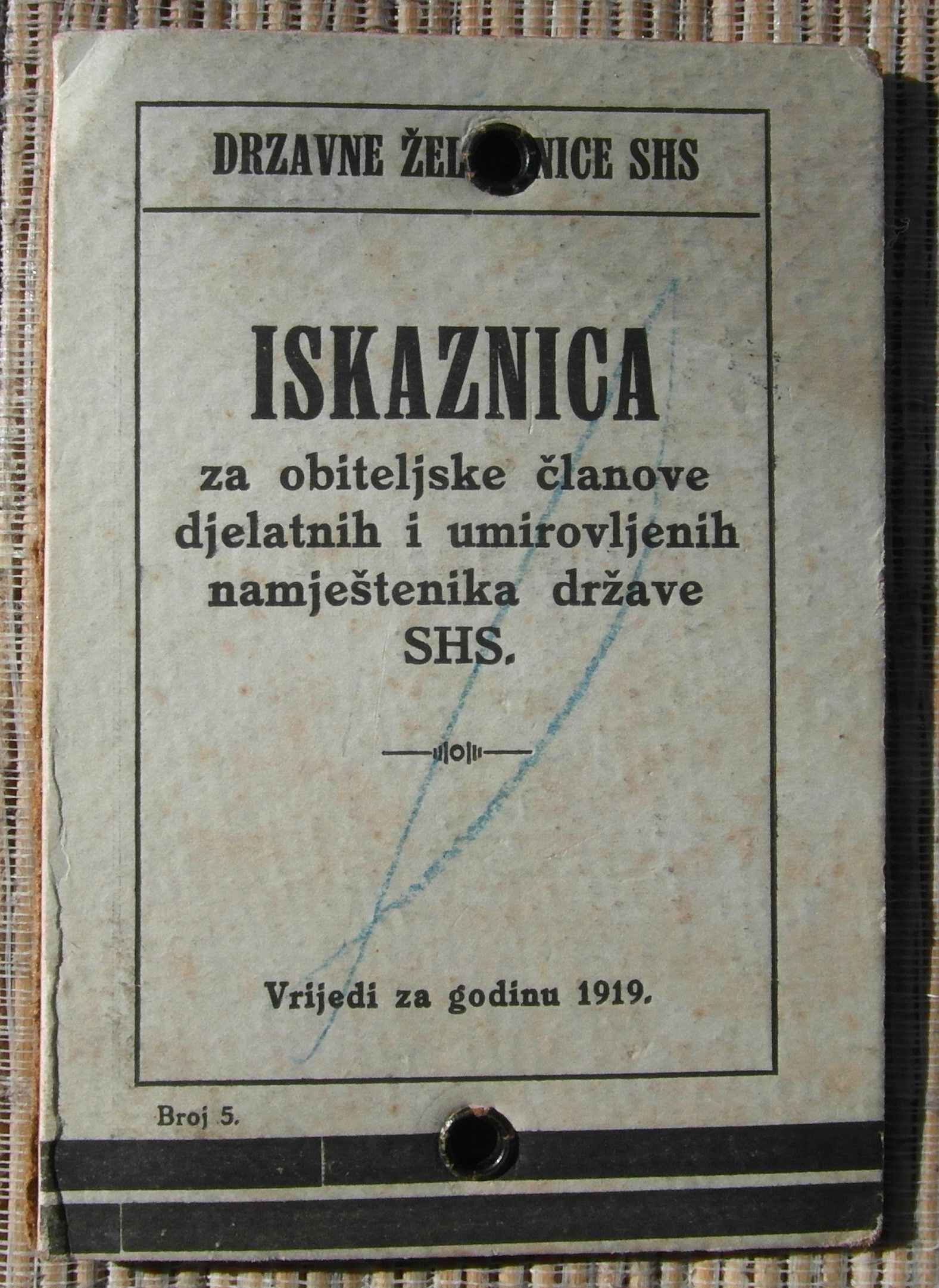 aukcije.hr - Iskaznica državne željeznice SHS iz 1919 godine