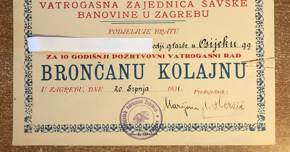 aukcije.hr - VATROGASTVO, STARI UKAZ ZA BRONČANU KOLAJNU IZ 1931. GODINE